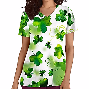 Fashion Women St Patricks Day Scrub Tops Lucky Green Clover Wine Glass Funny Sayings Tee V Neck Nursing Shirts