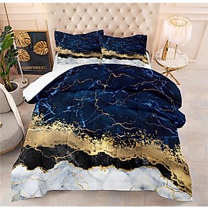 CCoutueChen Marble Comforter Set,Navy Blue Comforter King Size,Marble Bedding Set for Girls Woman,Modern Golden Glittering Decor,3Pcs Soft Summer Comforter for All Season.