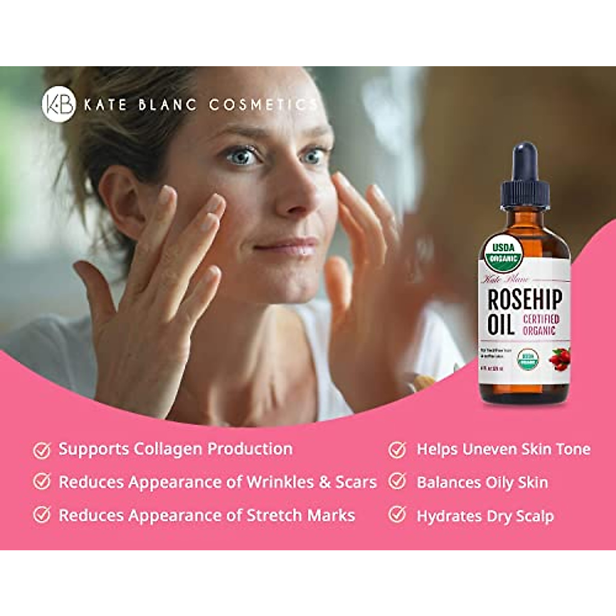 Kate Blanc Cosmetics Rosehip Oil for Face & Skin (4oz, Organic, Pure, Cold Pressed) Rosehip Seed Face Oil for Facial & Gua Sha Massage