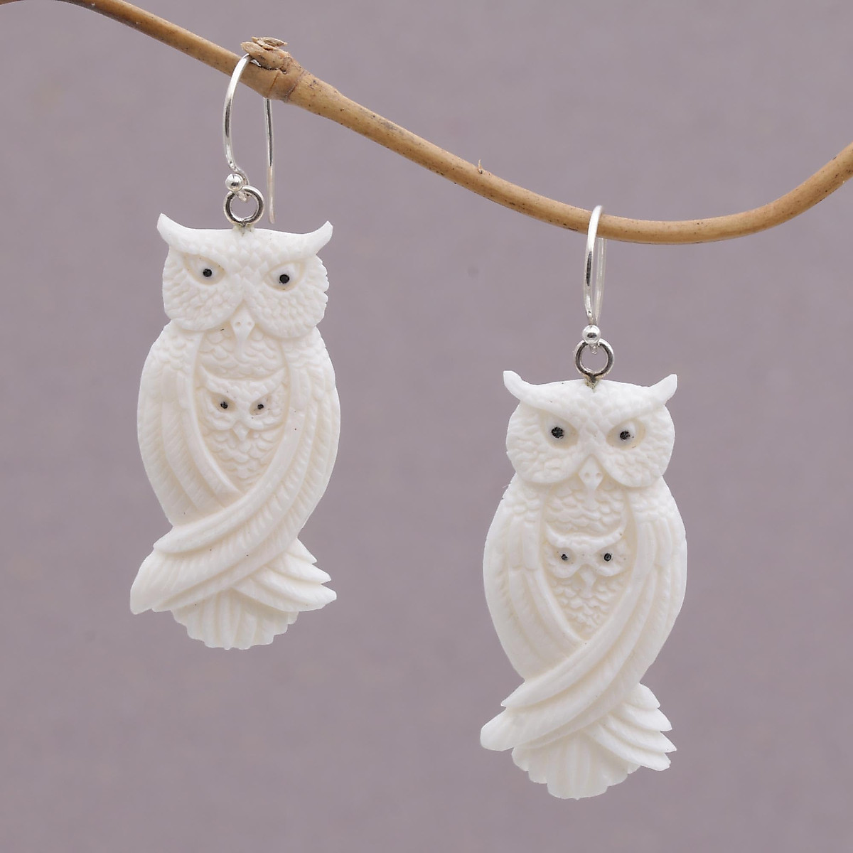 NOVICA Artisan Handcrafted .925 Sterling Silver Bone Dangle Earrings Owl Family | Handmade Artisan Earrings | Aretes de buho | Jewelry Dangle Earring | Earrings Carved Bone | Animal Themed Earrings