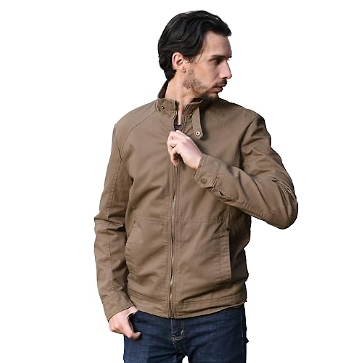 WenVen Men's Light Cotton Outwear Windbreaker Classic Military Jacket (Khaki, L)