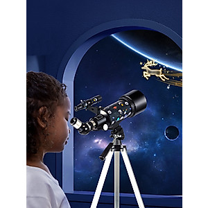 Telescope for Kids Adults Astronomy Beginners over 8 Years Old, 70mm Aperture Astronomical Refractor Telescopes with Phone Adapter & Wireless Remote, Astronomy Space for Christmas Birthday