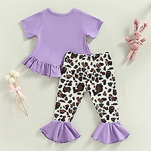 Toddler Kids Baby Girl Easter Outfit Bunny Print Short Sleeve T-Shirt Tops Leopard Flare Pants 2pcs Summer Clothes (Purple,18-24M)