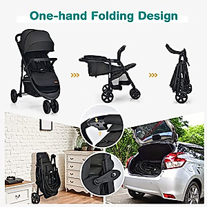 BABY JOY Jogging Stroller, Jogger Travel System with 5-Point Safety Harness, Adjustable Canopy/Backrest/Footrest, Storage Basket & Pocket, Lightweight Baby Stroller for Newborn Toddlers (Black)