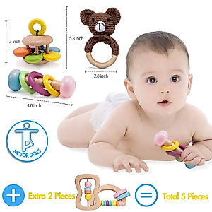 bopoobo Baby Wooden Rattle-5PCS Natural Crochet Bear Organic Montessori Wood Toys Montessori Toys for Babies Wooden Baby Toys Wooden Infant Teething Ring Baby Rattle for 0-6 Months and 6-12 Months