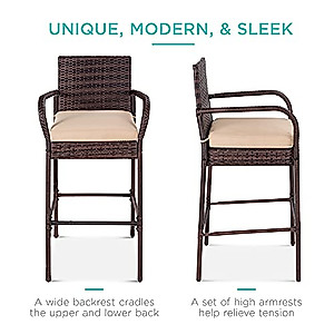 Best Choice Products Set of 2 Wicker Bar Stools, Indoor Outdoor Bar Height Chairs w/Cushion, Footrests, Armrests for Backyard, Patio, Pool, Garden, Deck - Brown