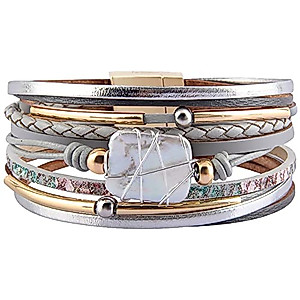 Fesciory Leopard Bracelet for Women, Boho Leather Wrap Multi-Layer Pearl Crystal Bracelet Bangle Jewelry(Gray Leather(Pearl))