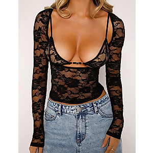 Women Y2K Lace Long Sleeve Top with Bra Sheer Mesh See Through Sexy Going Out Tops Black 2PCS L