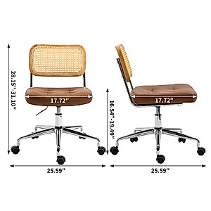 Newnno Armless Home Office Chair with Wheels, Modern Leather Desk Chair with Rattan Back for Office Study, Adjustable Upholstered Tufted Swivel Computer Task Chair, Brown