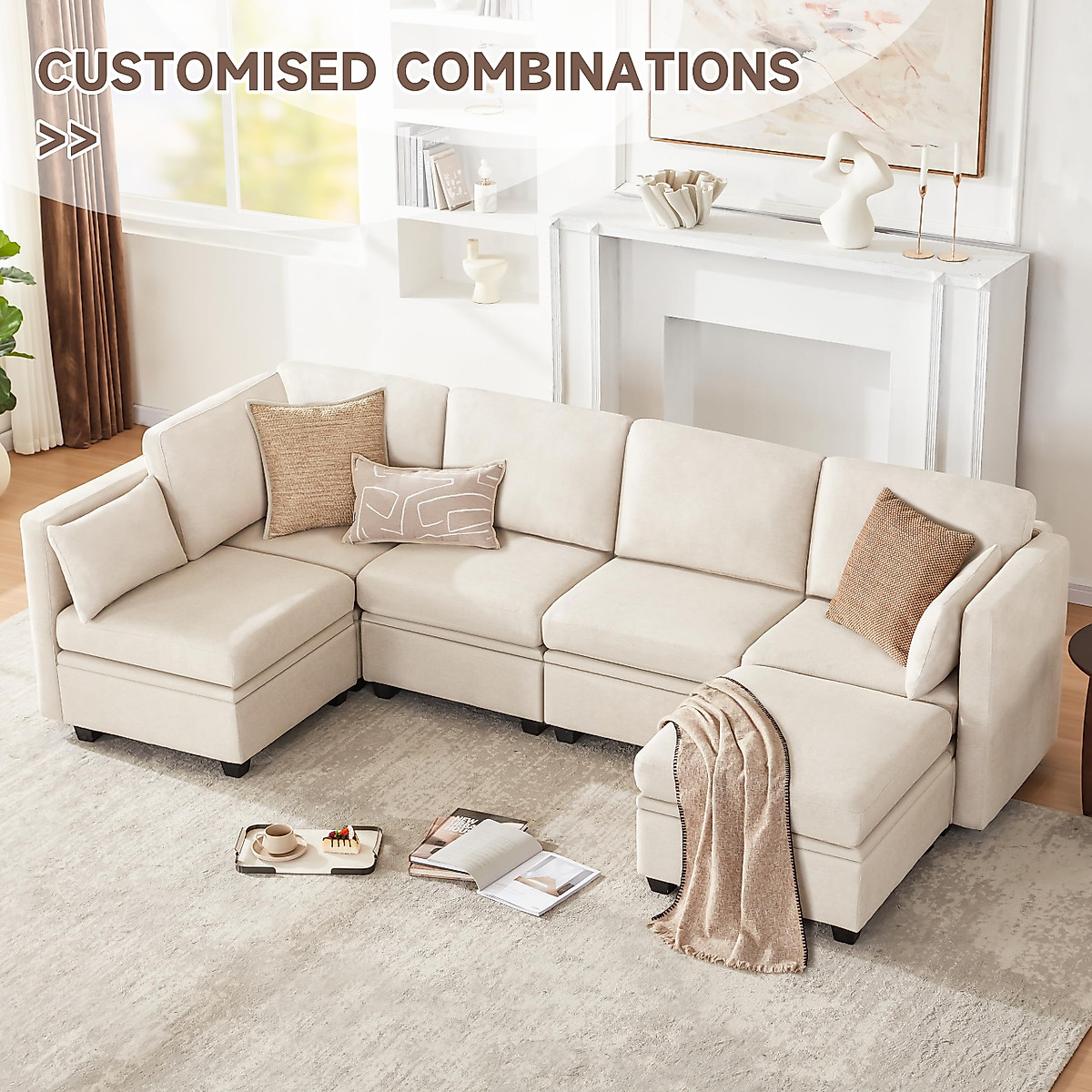 Weture Modular Sectional Sleeper Sofa, Sectional Couch Reversible Sectional Sleeper Sofa Bed, 6 Seat Modular Couch with Storage for Living Room, Sectional Sofa with Chaise, Beige