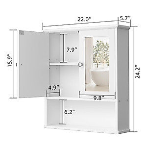 Shintenchi Bathroom Cabinet with Mirror, Wood Medicine Cabinet with Adjustable Shelf, Wall Mount Cabinet Storage, Cupboard, White