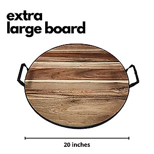 LIVMORE Large Round Wooden Tray Solid Serving with Handle Acacia Wood Circle Platter Decorative Charcuterie Cheese Board Oversized Ottoman Home Breakfast Tea Coffee Fruit Party Dinner