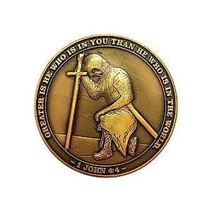 The Task Ahead Coin, I Can Do All Things, Challenge Coins, Antique Gold-Color Plated, Featuring a Kneeling Knight Templar and Philippians 4:15