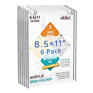 NIUBEE 6 Pack Acrylic Wall Sign Holder 8.5x11 Vertical, Clear Plastic Picture Frame, Wall Mounted Design, Support No Drilling(Provide 3M Tape and Screws)