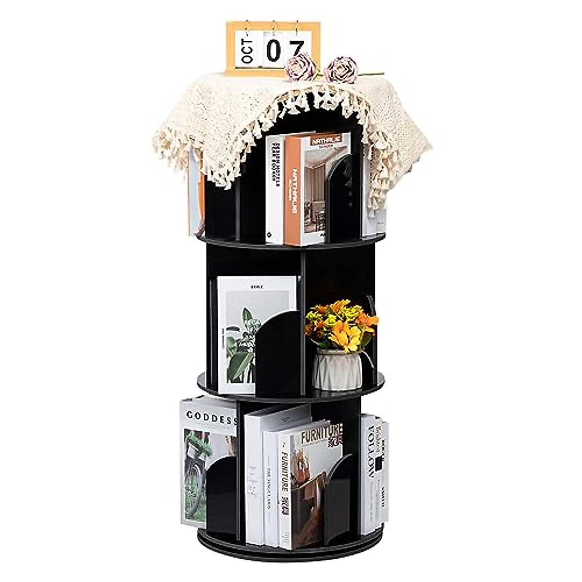 DOEWORKS 3 Tier 360 Heavy Duty Rotation Display Bookcase, Rotating Stackable Bookshelf Organizer Storage Display Rack for Home Office, Black