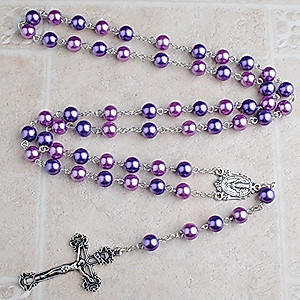 HanlinCC Purple and Pink Glass Pearl Beads Rosary Necklace with Miracuolus Center Piece and Aint-Silver Crucifix with Puprle Metal Gift Box