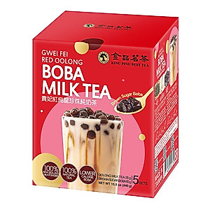 King Ping Best Tea - Oolong Tea Kit with Brown Sugar Boba Pearls, 5 Individual Boba Packets & Milk Tea Powder Packets, 100 Percent Natural Red Oolong Tea - Easy to Make - (5 Servings)