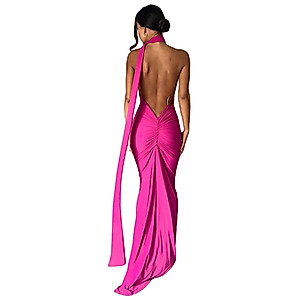 Women's Sexy One Shoulder Backless Maxi Dress Elegant Ruched O Ring Sleeveless Evening Dress Long Gown Cocktail Dress Hot Pink
