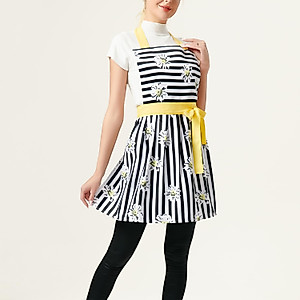 Lovely Comfortable Claccic Black Stripe and Fashion Daisy Skirt Kitchen Women Apron for Ladies Girls Wife Daughter (Yellow)