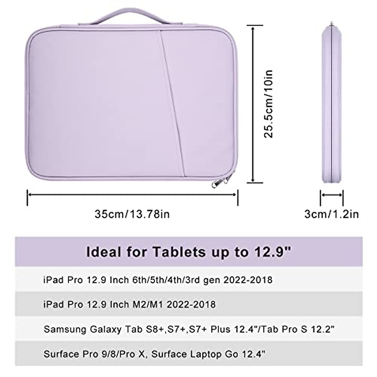 12.9 Inch Tablet Sleeve Bag, iPad Pro 12.9 Tablet Carrying Case for iPad Pro 12.9 M2/M1/2022-2018, 13" iPad Pro M4/iPad Air M2 2024, Samsung Galaxy Tab S8/S7+/Plus/FE/Tab Pro S 12.2" Pouch Bag, Purple