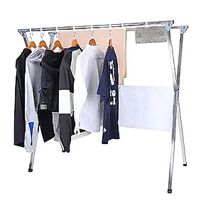 DAMGOLOZA Clothes Drying Rack, 95 Inches Portable Heavy Duty Stainless Steel Laundry Drying Rack, Foldable & Length Adjustable with 20 Windproof Hooks for Indoor Outdoor