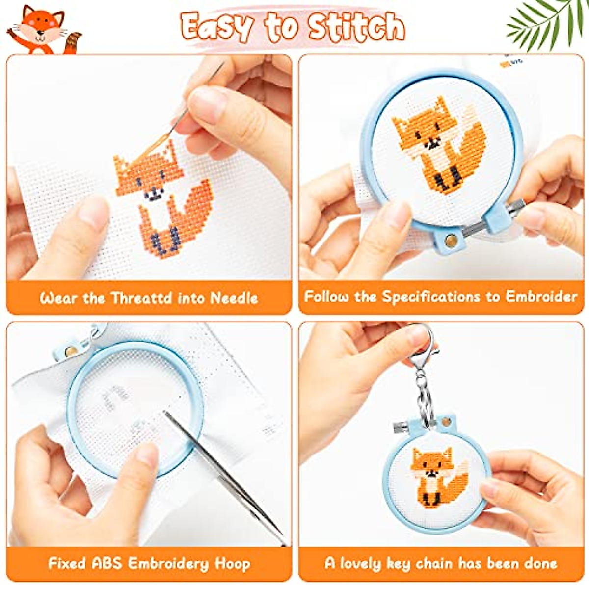 WATINC 5Pcs Embroidery Kit for Kids Stamped Cross Stitch DIY Key Chain with Woodland Animal Patterns Needlepoint Starter Kits Craft Supplies for Beginners Adults Schoolbag