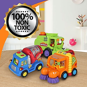 CifToys Push and Go Friction Powered Car Toys for Boys - Construction Vehicles Toys for Boys and Toddlers (Street Sweeper Truck, Cement Mixer Truck, Harvester Toy Truck)