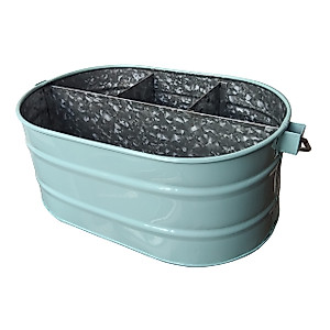Homebia Designs Galvanized Metal Caddy with 4 Compartments, Rustic Farmhouse Kitchen Indoor Outdoor Picnic Utensil Holder, Multipurpose Storage Bin, Metal Garden Planters - 12 Inch - Aqua