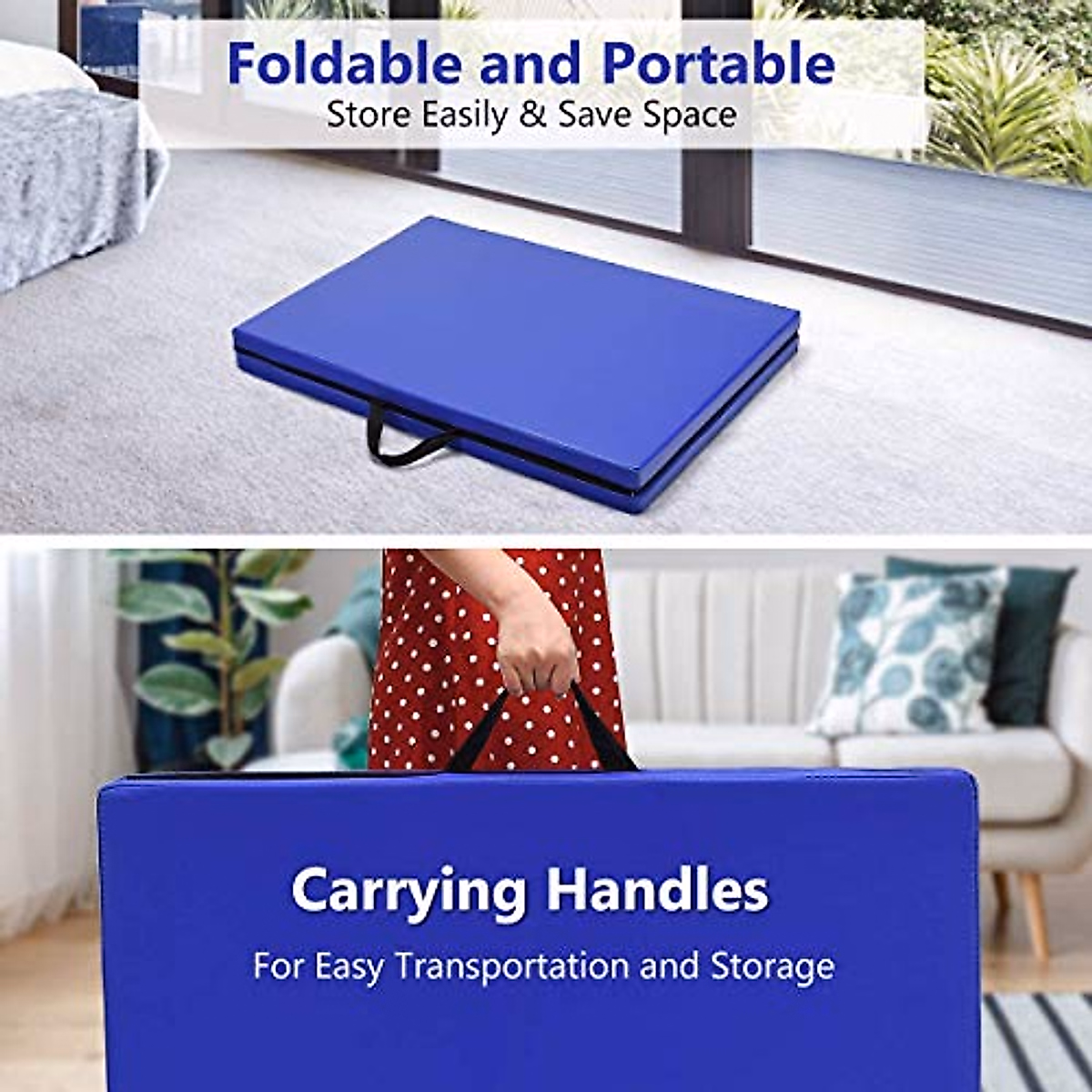 Reunion G 2" Thick Gymnastics Exercise Mat, 2-Fold Folding Gymnastics Tumbling Mat with Carrying Handles, Exercise Panel Mats with Hook & Loop Fasteners for Gym, Aerobics, Yoga, Martial Arts (Blue)