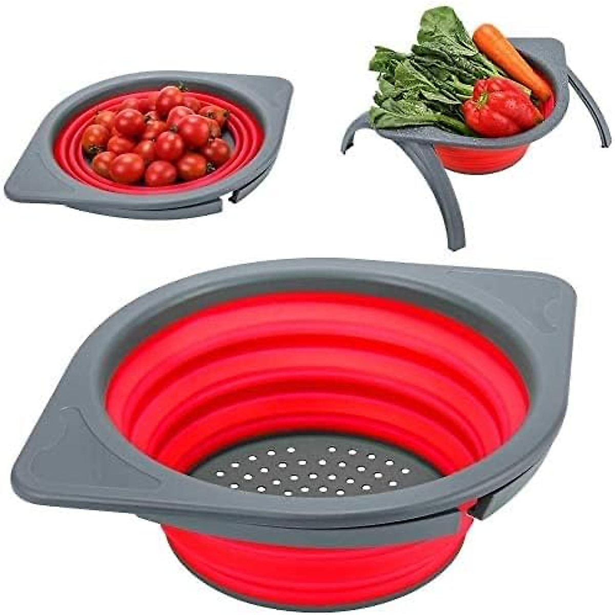3-in-1 TRENDING XL Large Collapsible STANDING Silicone Colander | 5-Quart | Dish Washer Safe | Foldable Strainer | Wash Fruits & Vegetables | Drain Pasta Beans Food | Heat Resistant FOOD GRADE (Red)