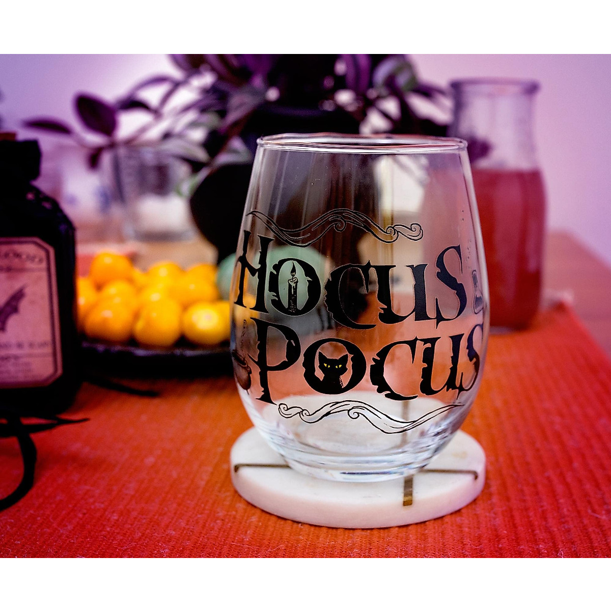 Disney Hocus Pocus Teardrop Stemless Wine Glass | Tumbler Cup For Mimosas, Cocktails | Home Barware For Liquor, Kitchen Decor | Sanderson Sisters Halloween Gifts And Collectibles | Holds 20 Ounces