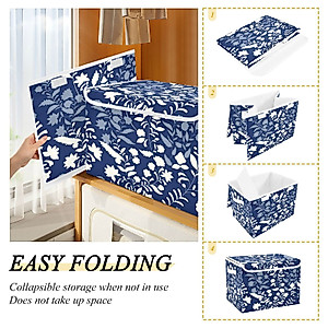 Flradish Blue and White Flowers Collapsible Storage Box with Lid Closet Organizer with Handle Washable Stackable