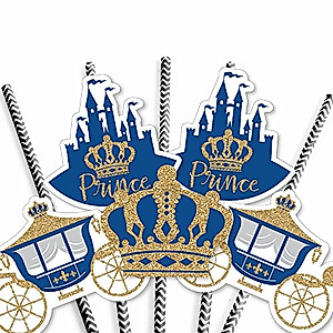 Royal Prince Charming - Paper Straw Decor - Baby Shower or Birthday Party Striped Decorative Straws - Set of 24
