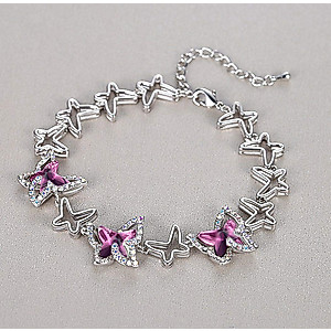 GEMMANCE Butterfly Link Charm Bracelet with Amethyst Pink Birthstone Crystal for February, Silver-Tone, 18”+2”Chain