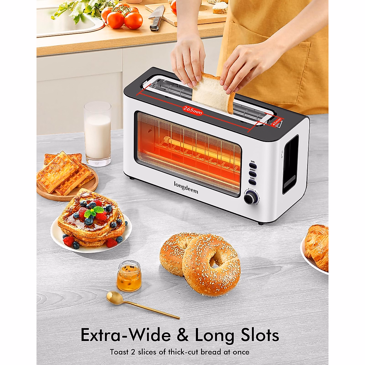 Clear View Toaster, LONGDEEM 1.75'' Extra Long Slot Glass Toasters Stainless Steel 2 Slice with 6 Browning Control for Bagel, Defrost & Auto Shut Off with Removable Crumb Tray, White