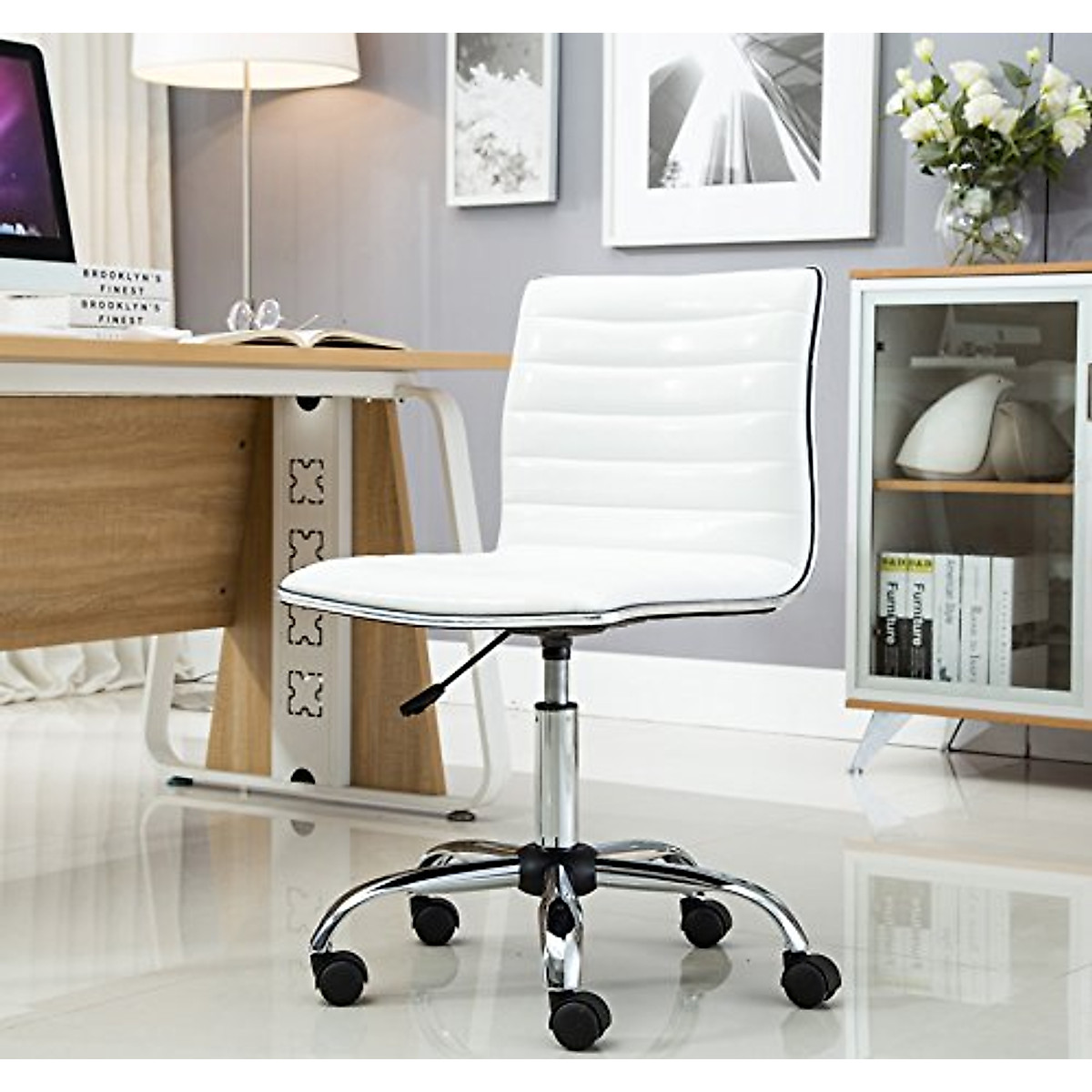 BTEXPERT BTExpert Swivel Mid Back Armless Ribbed Designer Task Chair Leather Soft Upholstery Office Chair - White