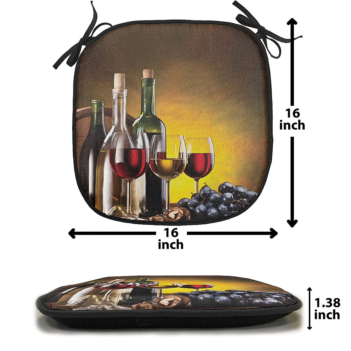 Lunarable Wine Chair Cushion Pads Set of 4, Grapes Wine Bottles and Glasses Picture Printed Art Romantic Drink Gourmet, Anti-Slip Seat Padding for Kitchen & Patio, 16"x16", Fawn and Yellow