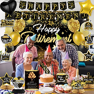 Happy Retirement Party Decorations for Men Women Black and Gold Retirement Party Decorations Happy Retirement Banner Backdrop Card Retirement Sash Hanging Swirls Foil Balloons Honeycomb Centerpieces