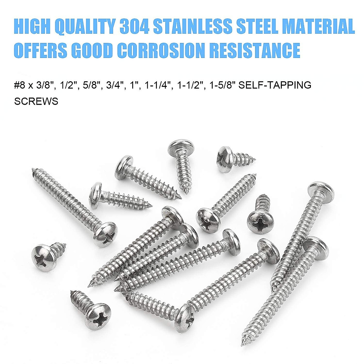 DYWISHKEY 200 Pieces #8 x 3/8", 1/2", 5/8", 3/4", 1", 1-1/4", 1-1/2", 1-5/8" Stainless Steel 304 Phillips Pan Head Self-Tapping Screws, Wood Screws Assortment Kit