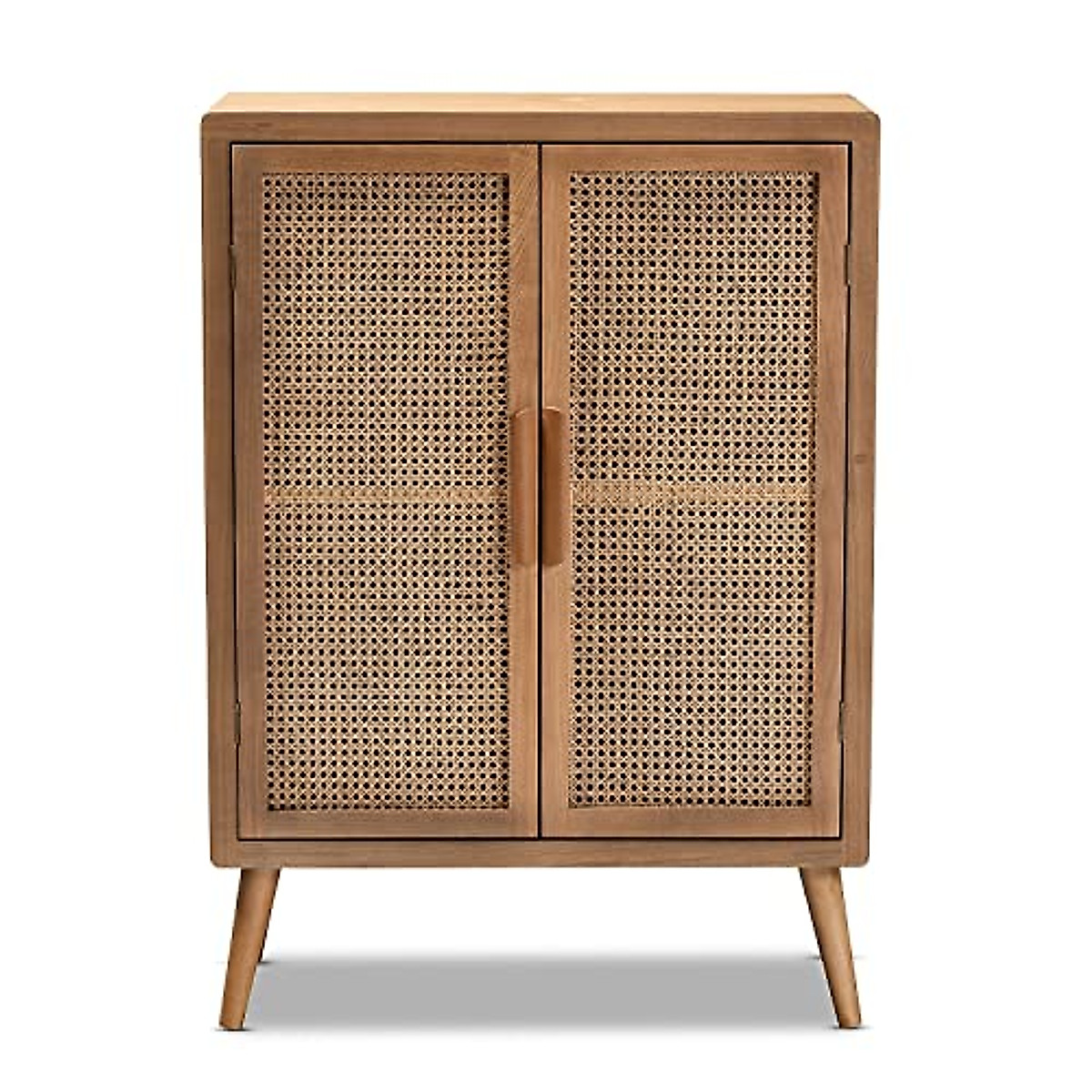 Baxton Studio Mid-Century Brown Oak Finished Wood and Rattan Storage Cabinet