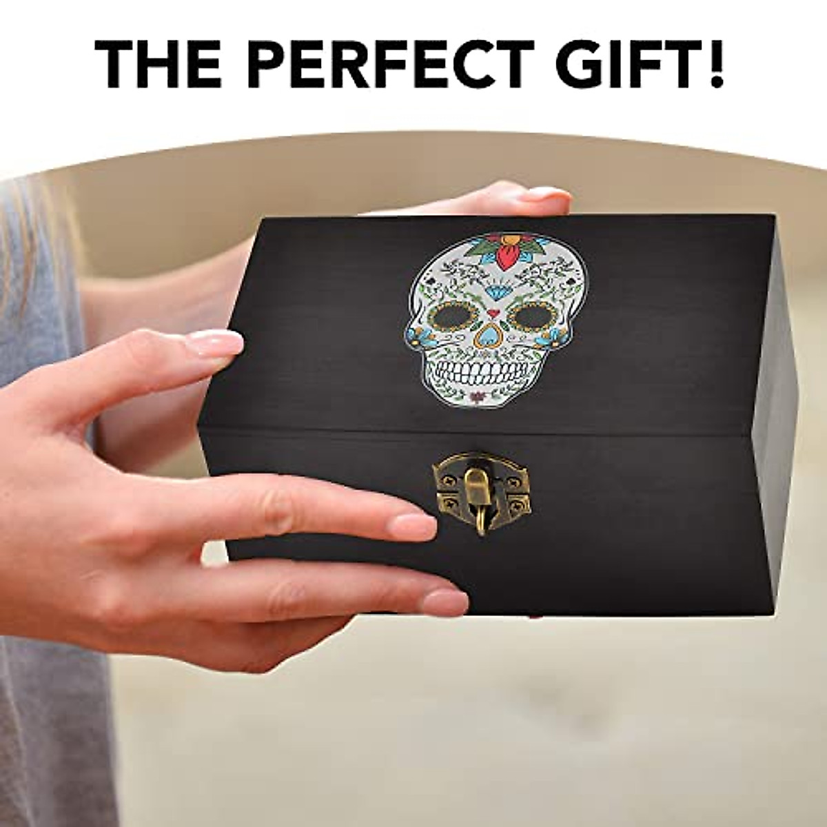 STASH HOUSE SUPPLY CO. Day of the Dead Design Premium Bamboo Stash Box Set with UV Glass Jar, Metal Tray and Lock - Great Gift for Skull Lovers