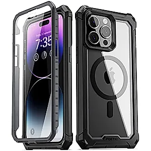 Poetic Guardian MagPro Case for iPhone 14 Pro Max 6.7 Inch,[Compatible with MagSafe][20 FT Mil-Grade Drop Tested] Full-Body Shockproof Rugged Clear Cover with Built-in Screen Protector, Black/Clear