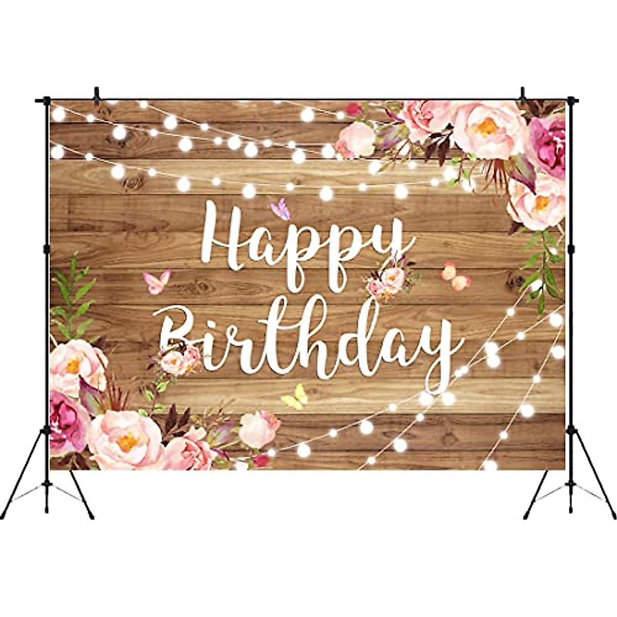 Aperturee 7x5ft Pink Floral Happy Birthday Backdrop Butterfly Wooden Floor Watercolor Flowers Girls Women Photography Background Banner Cake Table Supplies Party Decoration Photo Booth Props Banner