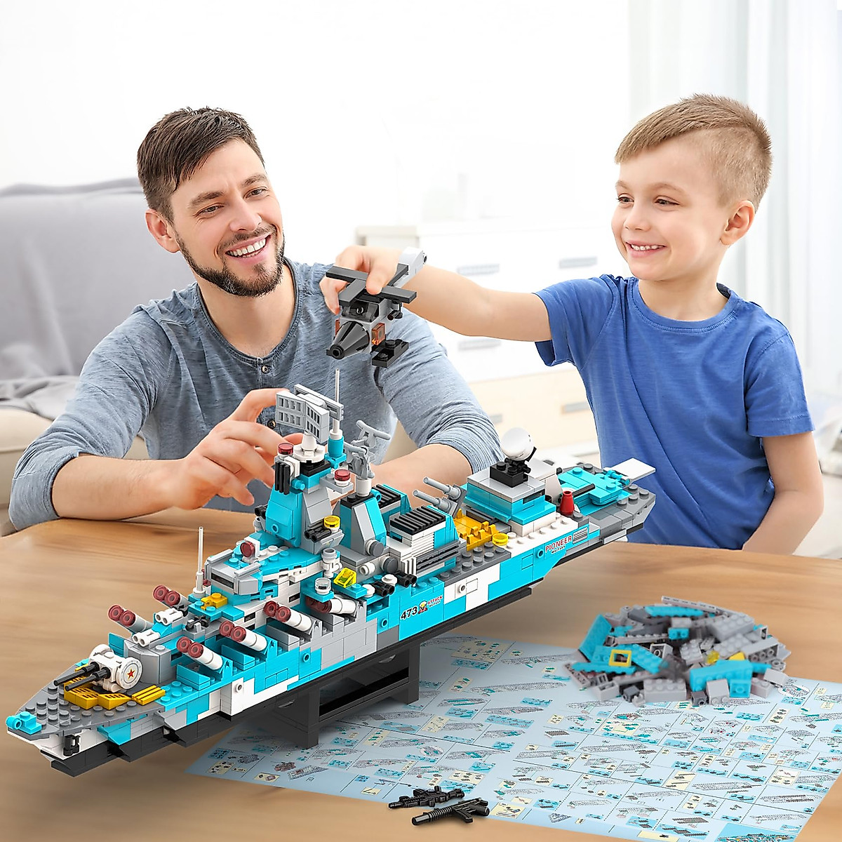 WishaLife 6 IN 1 City War Military Battleship Toy Building Blocks Set, with Army Truck Toys, Car Toys, boat Toy, Airplane Toy, Helicopter Toy, WW2 Construction Toys Gift for Kids Boys Girls Age 6 Plus