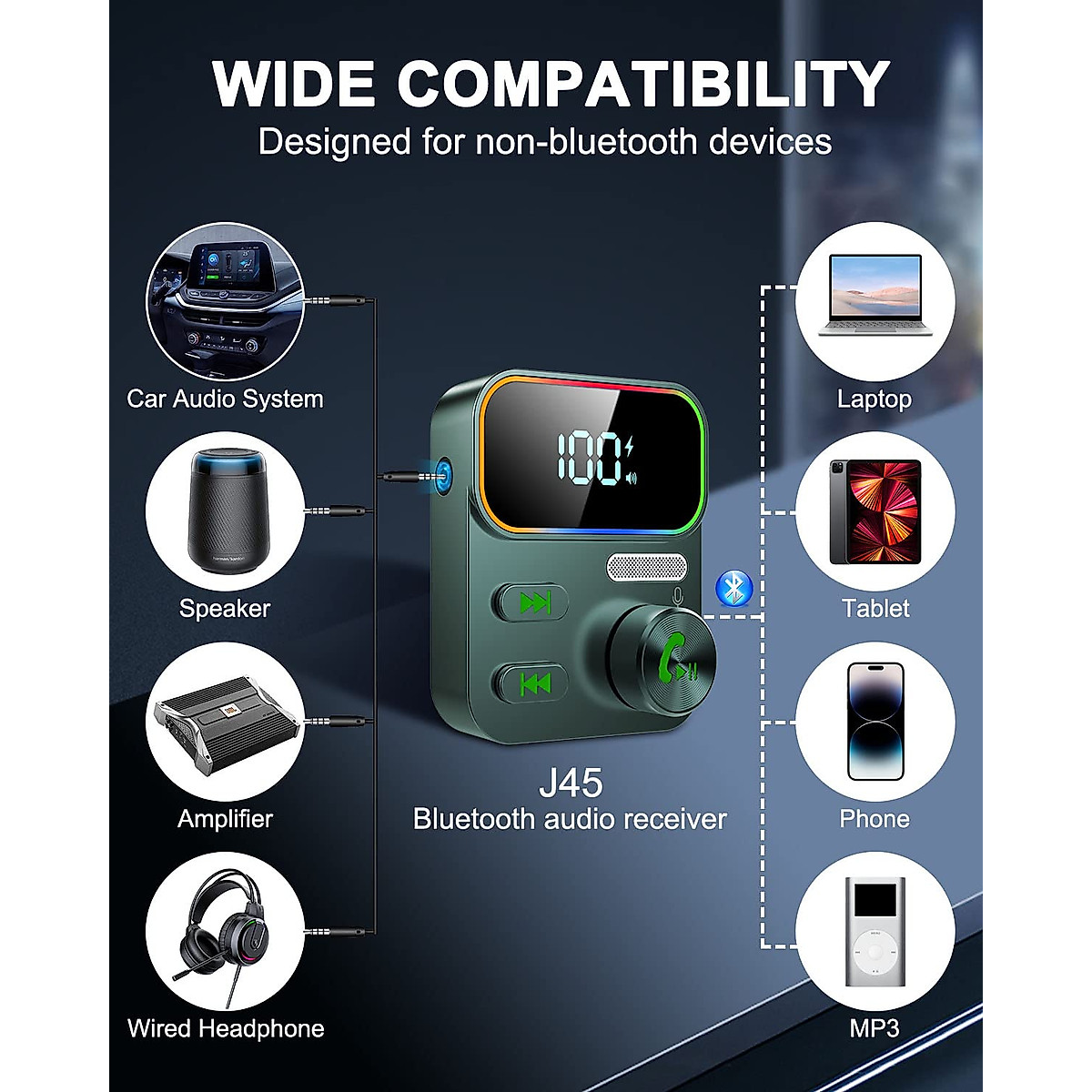 Bluetooth 5.3 Aux Receiver for Car, [Upgraded Enhanced Mic & LED Display] Bluetooth Car Adapter,Wireless Audio Receiver for Car/Home Stereo/Wired Headphones/Speaker,Hands-Free Call