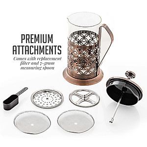 OVENTE 20 Ounce French Press Coffee & Tea Maker, 4 Filter Stainless Steel Filter Plunger System & Durable Borosilicate Heat Resistant Glass with Free Scoop, Perfect for Hot & Cold Brew, Copper FSF20C