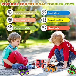 LEFEI Monster Truck for Boys 3 4 5 6 7 Year Old,4 Pack Push and Go Friction Powered Car Toys, Double-Directions Inertia Pull Back Vehicle Set,Birthday Party Gift for Kids