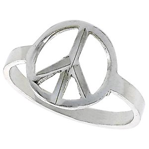 Sterling Silver Peace Sign Ring Polished finish 1/2 inch wide, size 9