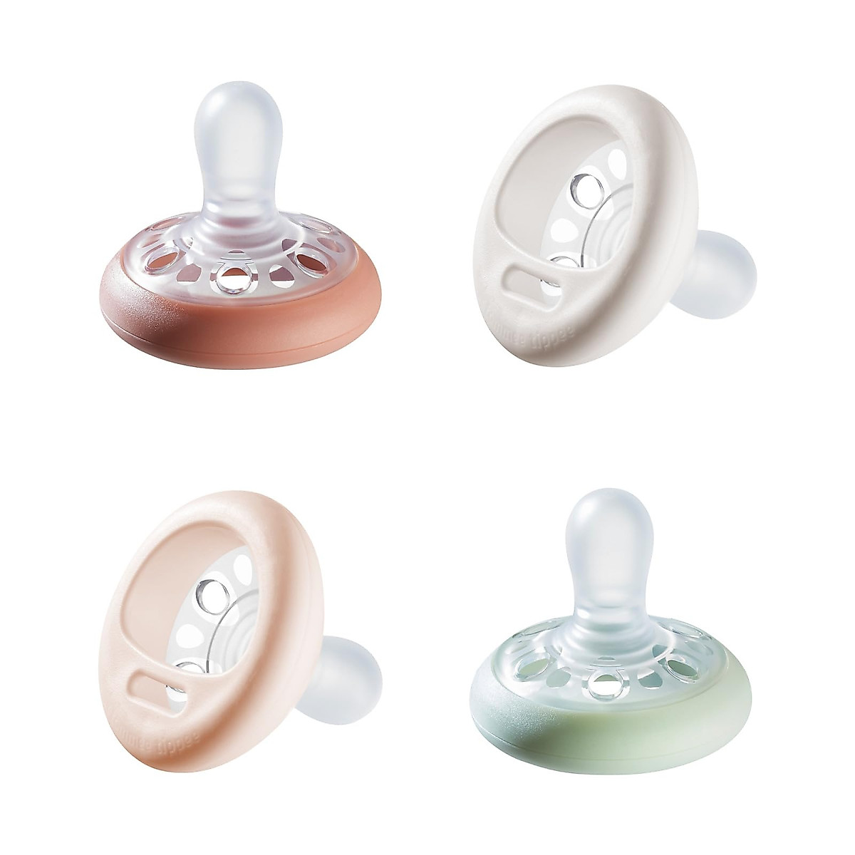 Tommee Tippee Breast-Like Pacifier, 0-6 month pack of 4 pacifiers with breast-like baglet, symmetrical design, BPA free
