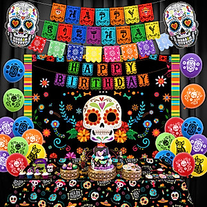 Fangleland Day of The Dead Theme Birthday Party Decorations for Boy Girl - Dia De Los Muertos Bday Celebration Party Supplies Balloons Banner Tablecloth Sugar Skull Mexican Backdrop